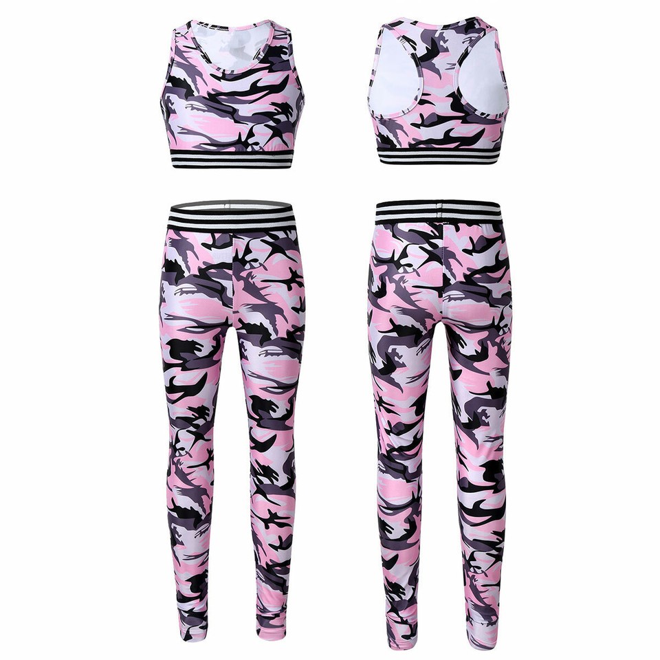 Kids Girls Athletic Outfits Top Pants Set Sports Workout Gymnastics ...