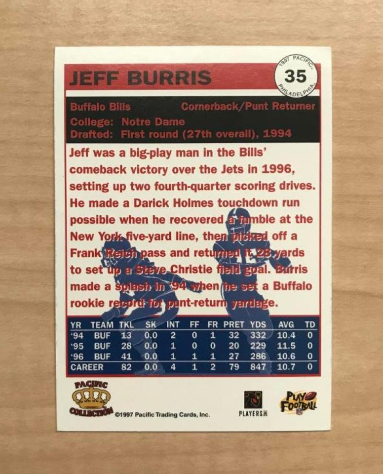 JEFF BURRIS BUFFALO BILLS AUTOGRAPHED 1997 PACIFIC COLLECTION CARD #35 ...