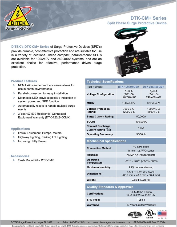 DITEK DTK-120/240CM+ Surge ARRESTOR, Parallel Protector, Multi-Purpose ...