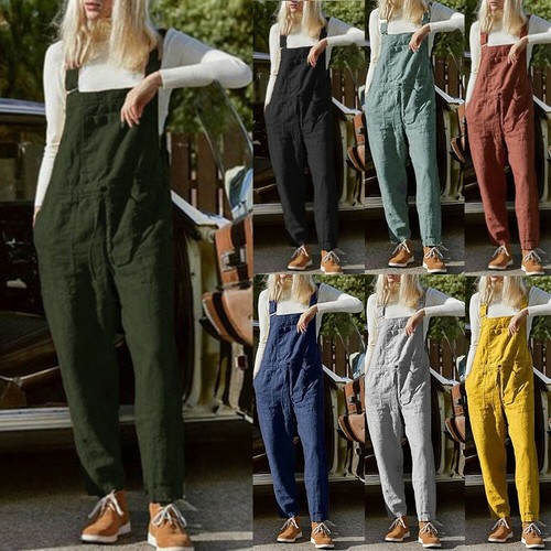 Women Cotton Hemp Overalls Solid Casual Pockets Ladies Jumpsuits Romper ...