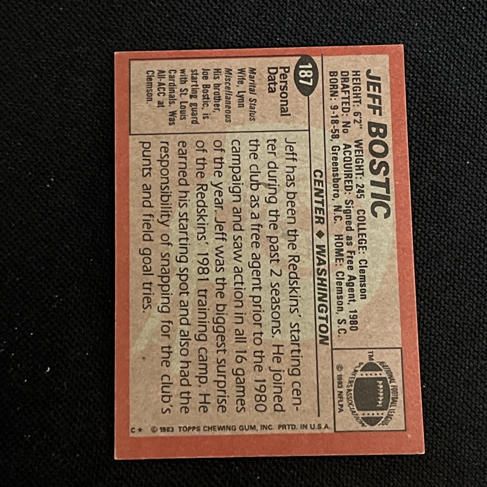 JEFF BOSTIC 1983 TOPPS ROOKIE SIGNED AUTOGRAPHED CARD #187 WASHINGTON ...