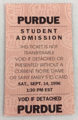 CFB 1996 09/14 Purdue at Notre Dame Football Student Admission Ticket ...