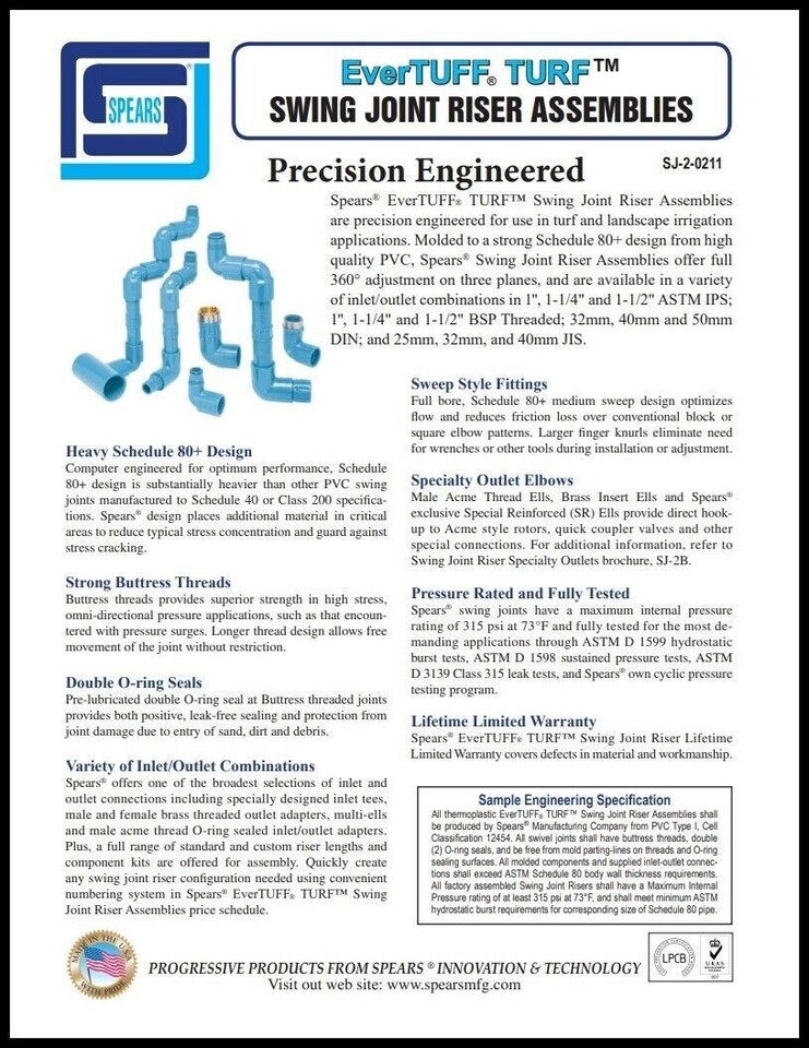 2 PK Spears - 1" PVC Swing Joint Riser With 12" NPL MPT X MPT Part ...