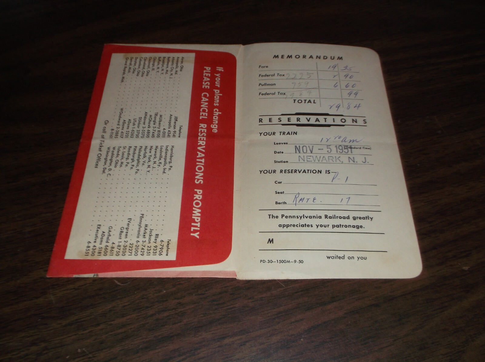 1951 PENNSYLVANIA RAILROAD PRR PULLMAN TICKET PITTSBURGH TO NEWARK AND ...