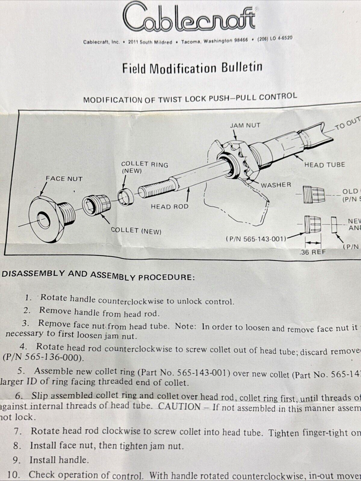 001 Cessna Lock Kit Cessna Control Cable | eBay