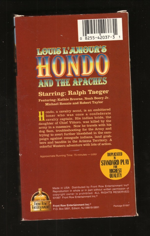 Hondo and the Apaches Ralph Taeger Robert Taylor Noah Beery, Jr VHS ...