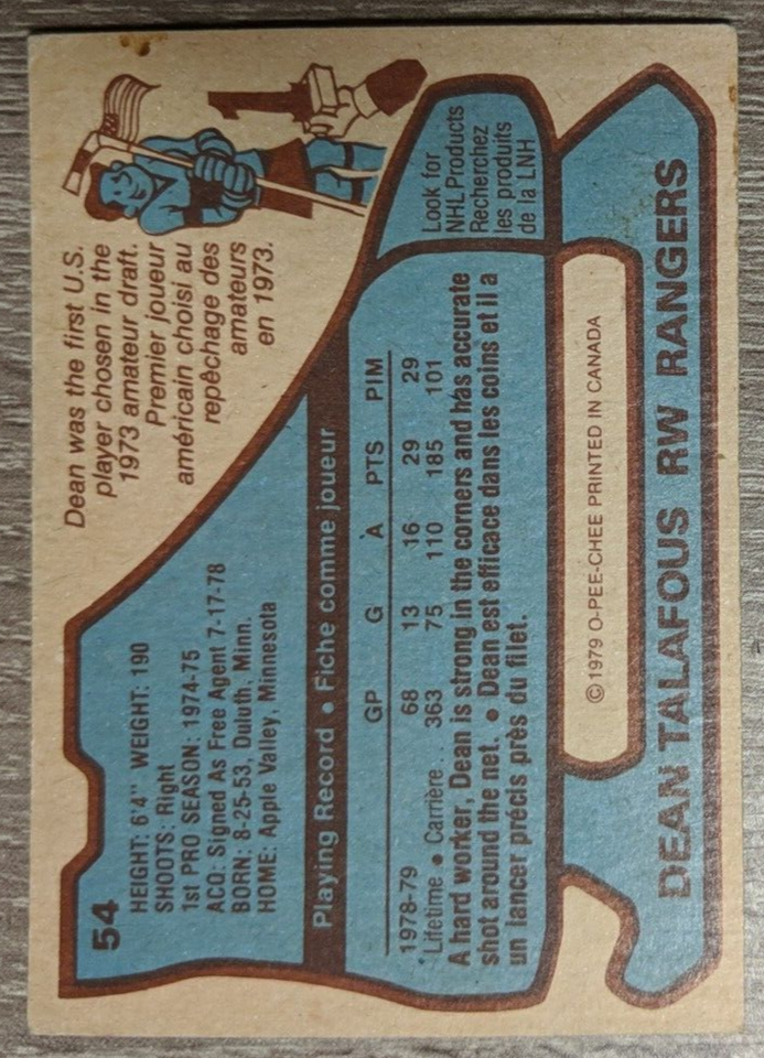 1979 80 OPC #54 DEAN TALAFOUS NY Rangers North Stars VINTAGE O PEE CHEE ...