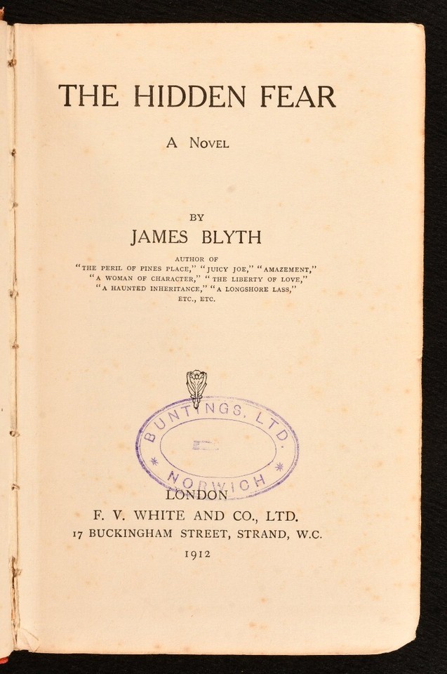 1912 The Hidden Fear: A Novel by James Blyth First Edition Very Scarce ...
