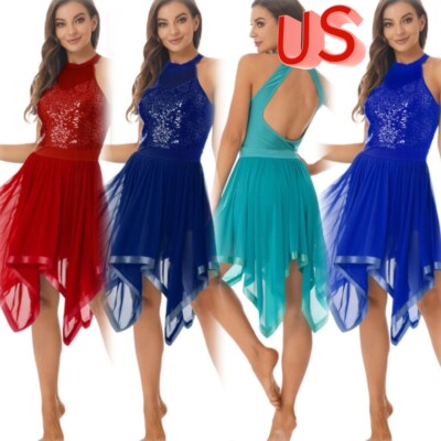 Womens Asymmetrical Dance Dress Hem Mesh Lyrical Dance Costume ...