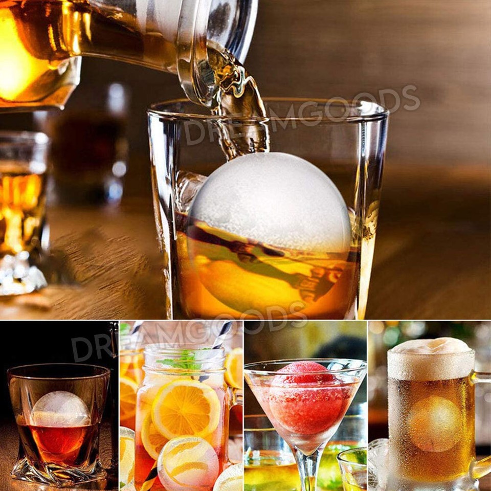 6 Large Ice Cube Tray Round Mould Mold Sphere Whiskey Silicone Ball ...
