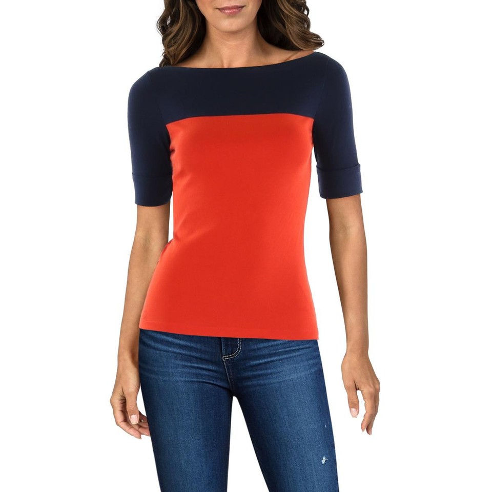 Lauren Ralph Lauren Womens Red Colorblock Knit Pullover Top Shirt XS ...