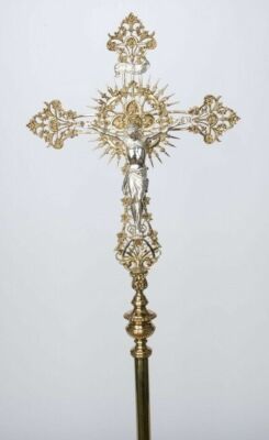 BRASS & SILVER PLATED 78" CHURCH PROCESSIONAL CROSS WITH POLE & BASE ...