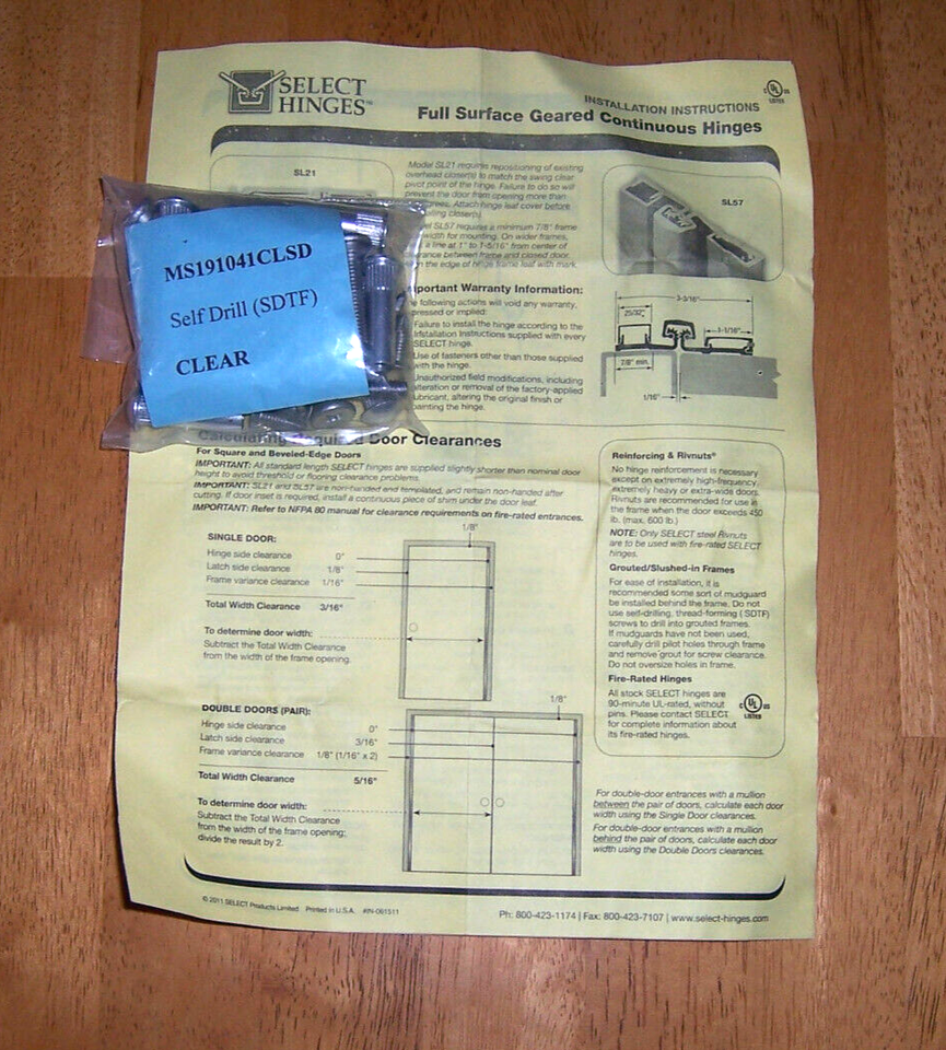 Select Products Select-Hinges MS191041CLSD Hardware Kit for model SL57 ...