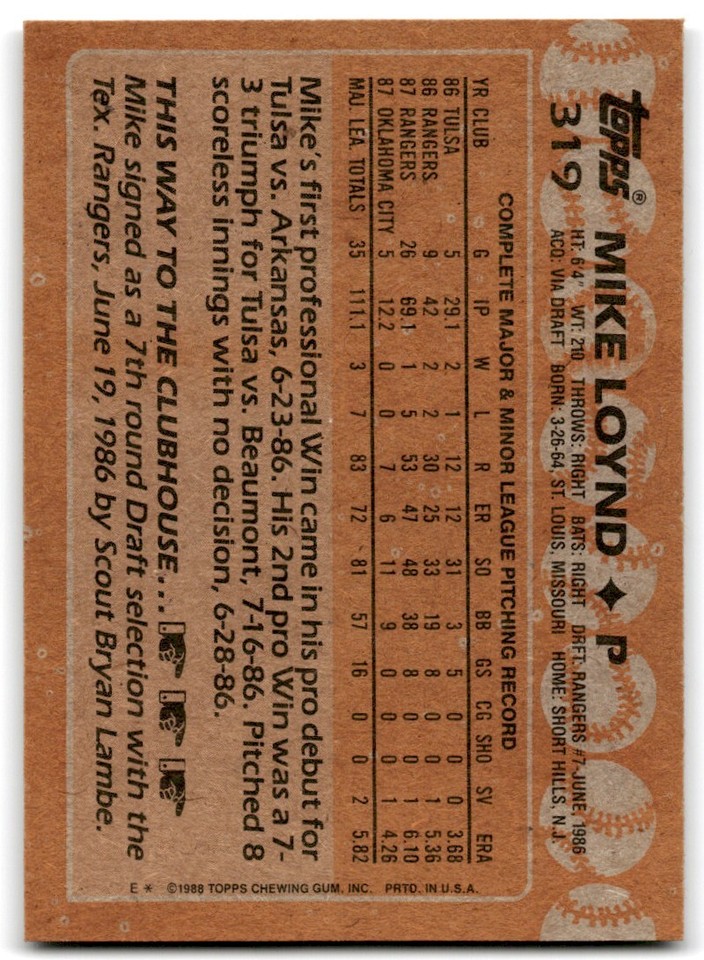 1988 Topps Baseball Card Mike Loynd Texas Rangers #319 | eBay