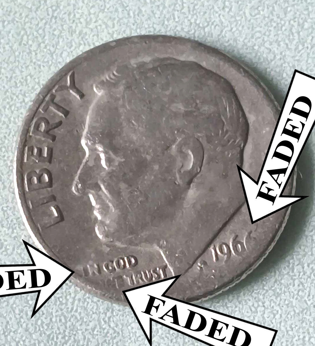 1966 US Dime No Mint Mark '5 on Cheek Error' Obverse Faded "in,we,year ...