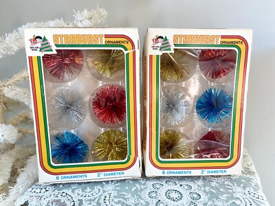 2 BOX (12 Total) Vintage Tinsel Starburst Pom Pom Christmas Ornaments ...