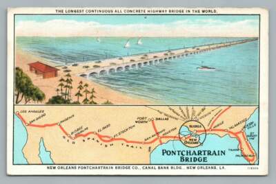Pontchartrain Bridge Map NEW ORLEANS Rare Antique Highway 10 Route ...