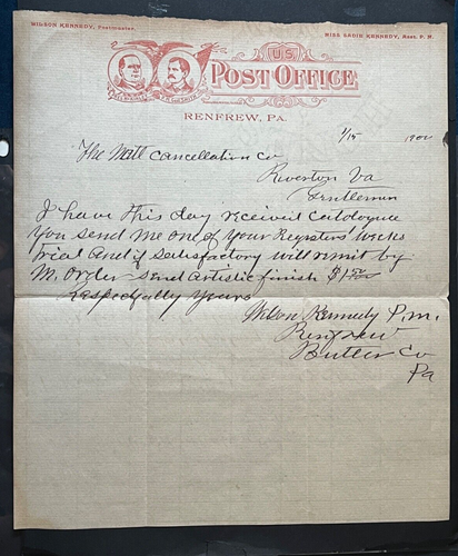 RARE 1900 RENFREW PA BUTLER POST OFFICE LETTER McKINLEY PRESIDENT ...