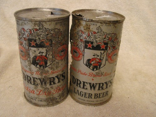 2 DIFF. DREWRY'S LAGER & EXTRA DRY 12 OZ. FLAT TOP BEER CANS OFF GRADE ...