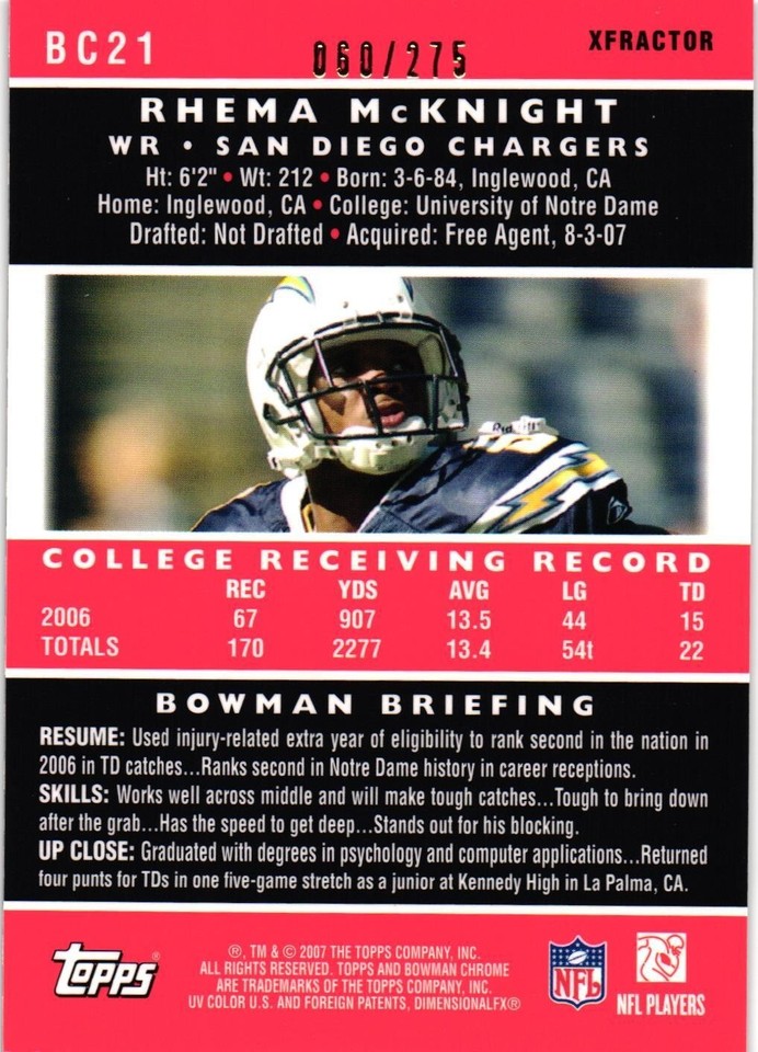 Rhema McKnight 2007 Bowman Chrome Xfractors Chargers Football Card # ...
