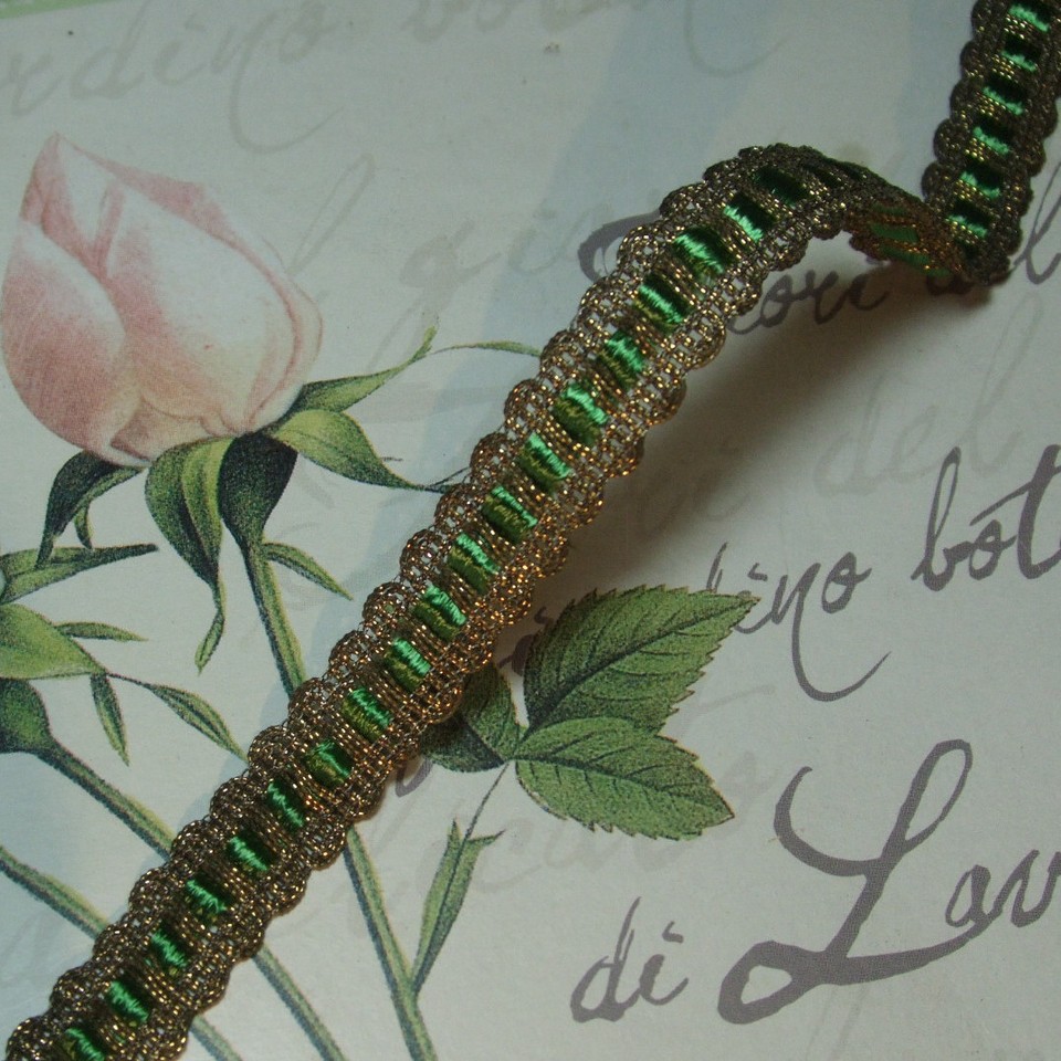 Antique Gold Metallic Trim silky Green tape ruching ribbon-work vtg 5/8 ...