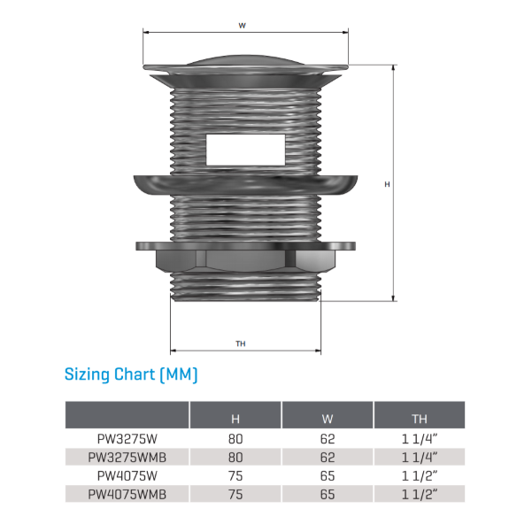 PW3275WMB 32mmx75mm Matt Black Vanity Basin Pop Up Plug Overflow Waste ...