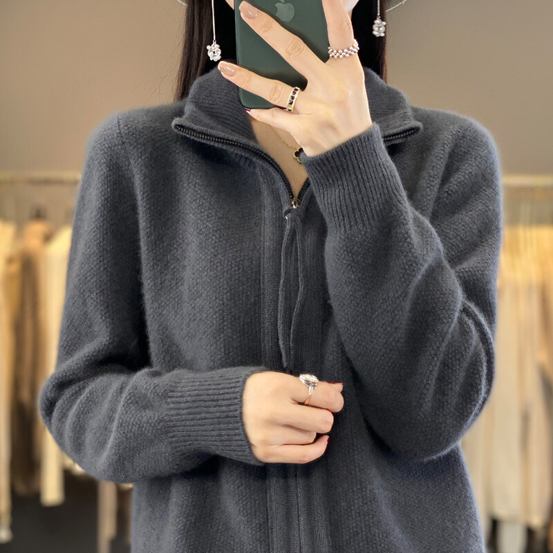 Thick Double Zipper High Neck Wool Sweaters Coat Women's Cashmere Blend ...