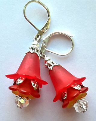double RED Acrylic FLOWER & Faceted AB CRYSTAL earring SP LEVER BACK XX ...