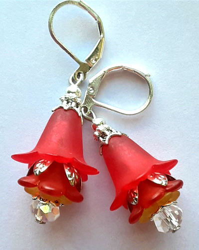 double RED Acrylic FLOWER & Faceted AB CRYSTAL earring SP LEVER BACK XX ...