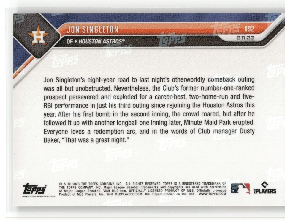 🟥 JON SINGLETON's Back, 1st HR Since 2015 RED 01/10 Astros 2023 Topps ...