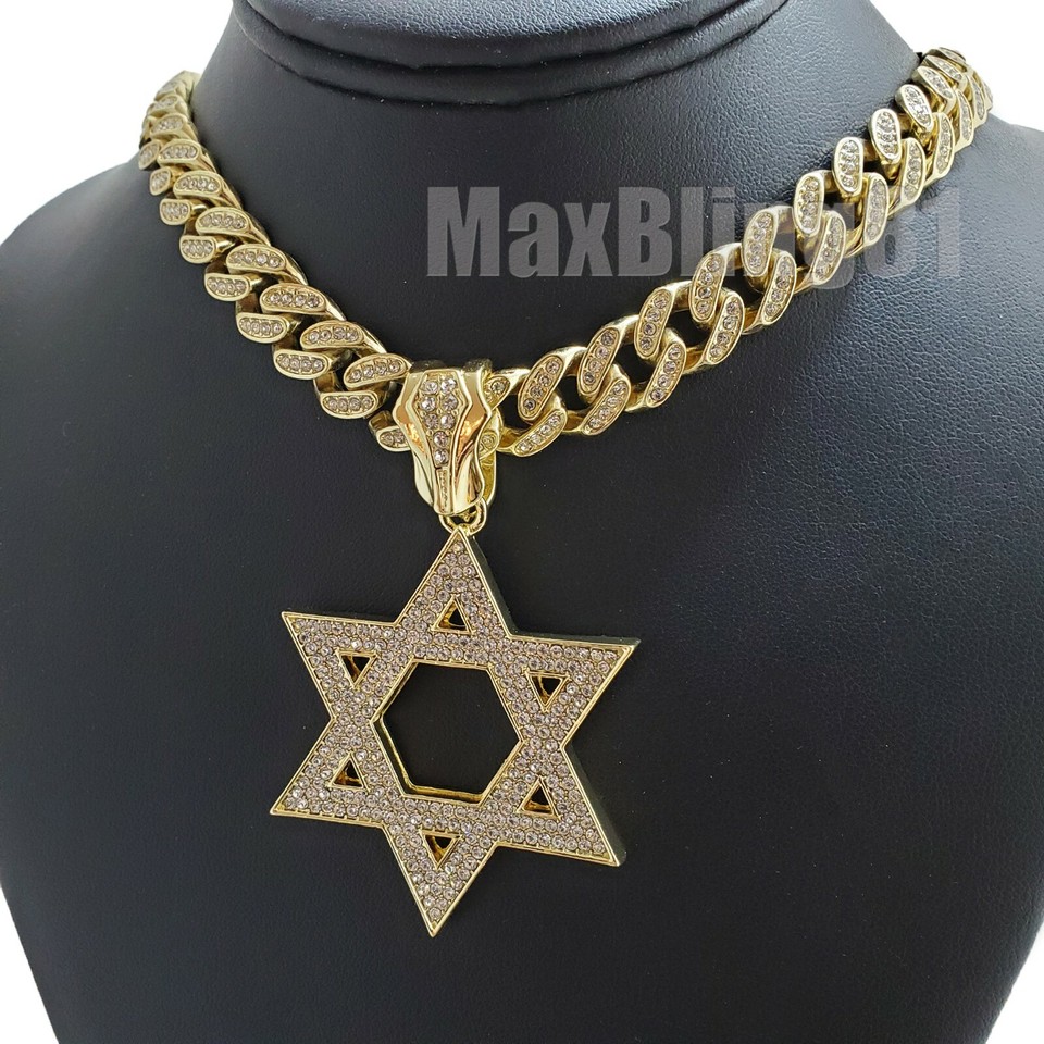 Gold Plated Star of David Pendant & Iced Cuban Cubic Zirconia Chain ...