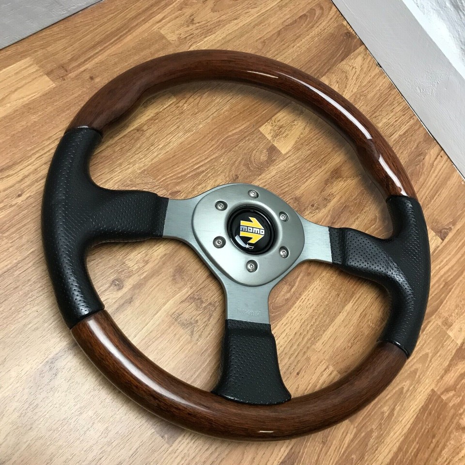 Genuine Momo Fighter Zebrano 350mm, leather and wood steering wheel ...