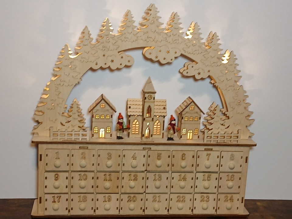 Wooden Christmas Advent Calendar German Style LED Battery Powered 24 ...