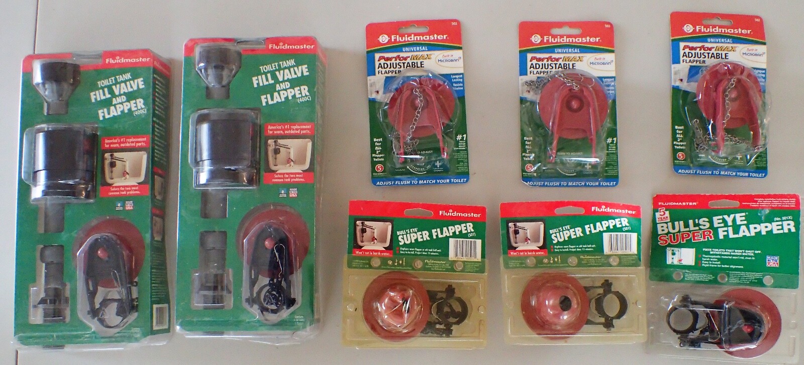 2 TOILET TANK FILL VALVES w/FLAPPER (400C) , 3 FLAPPERS (301), 3 ...