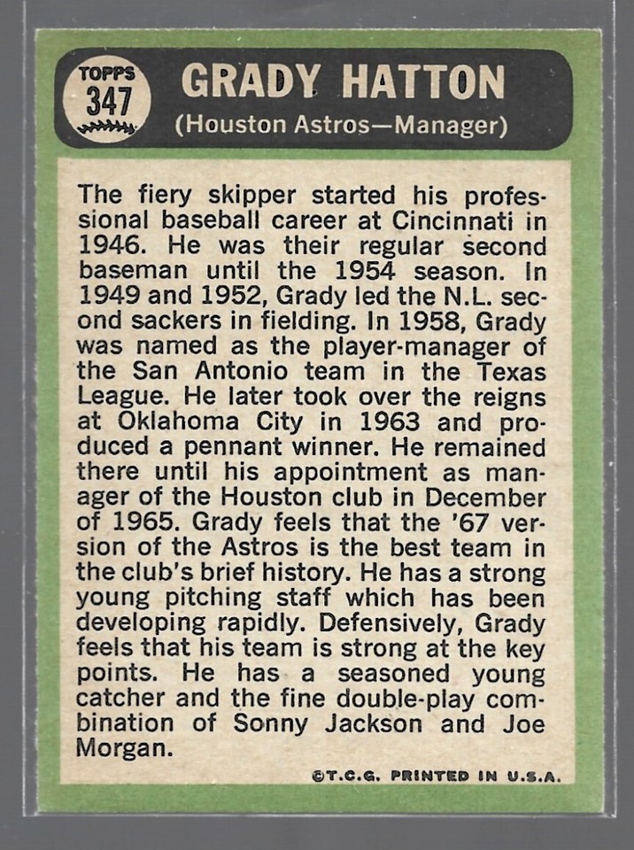 Grady Hatton-Houston Astros-1967 Topps Baseball Card #347 | eBay
