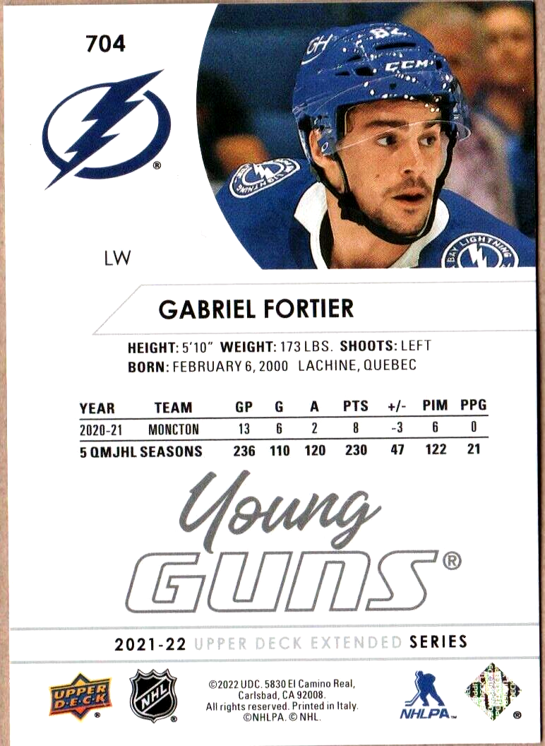 GABRIEL FORTIER RC 2021-22 UPPER DECK YOUNG GUNS ROOKIE # 704 UD ...