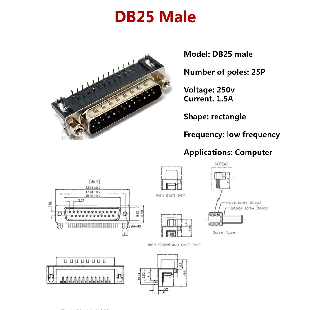 DB25 D-Sub 25 Pin Male Plug/Female Socket Connector Welded Plate Right ...