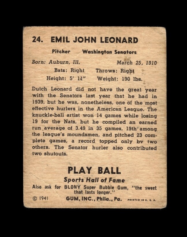 1941 Play Ball Set-Break # 24 Dutch Leonard (Auto) *GMCARDS* | eBay