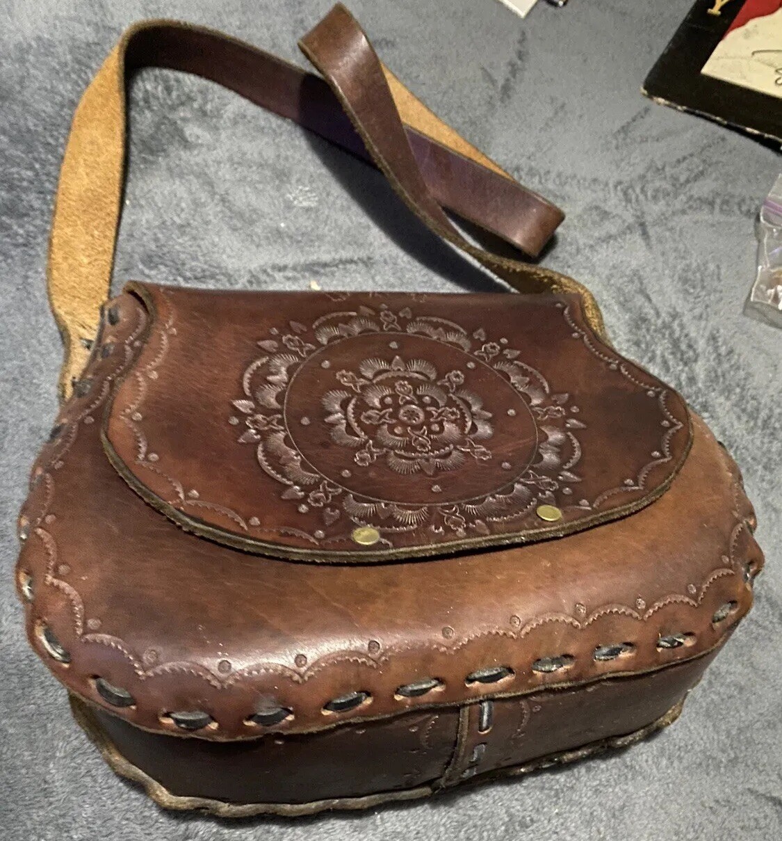 Vintage Hand Crafted Saddle Leather Tooled Brown Bag Purse Name PAT | eBay
