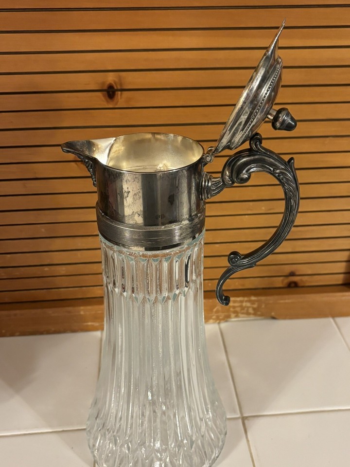 Vintage Glass Silver Plate Wine Claret Decanter Caraffe Jug Pitcher 14
