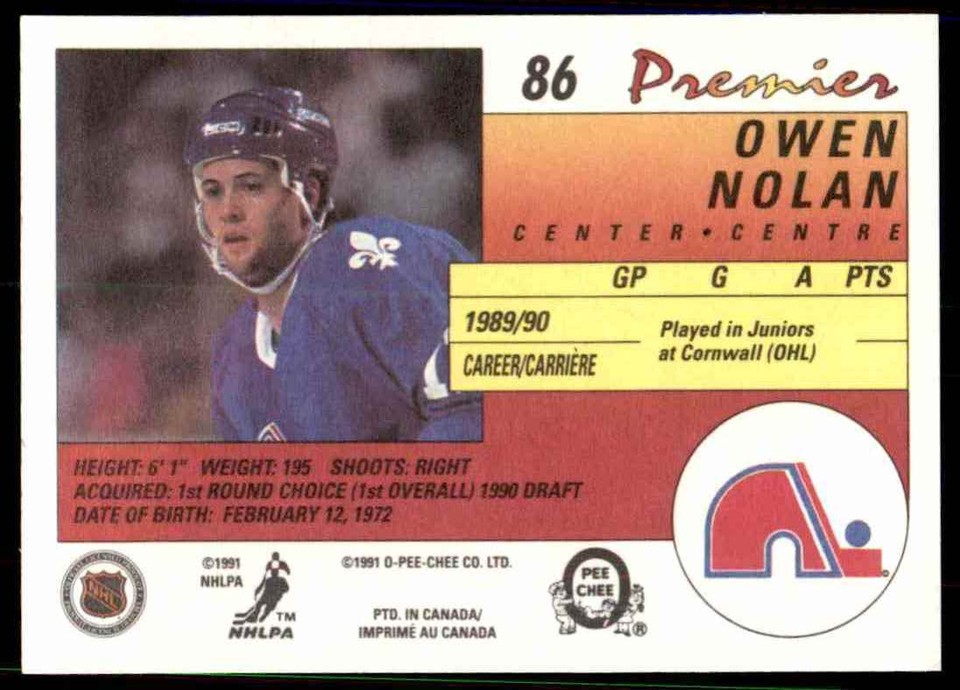 1990-91 O-Pee-Chee Premier Owen Nolan Rookie Quebec Nordiques #86 | eBay