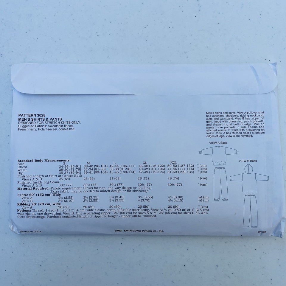 Kwik Sew Sewing Pattern 3028 Mens Sweatshirt Pants Stretch Knit Sealed ...