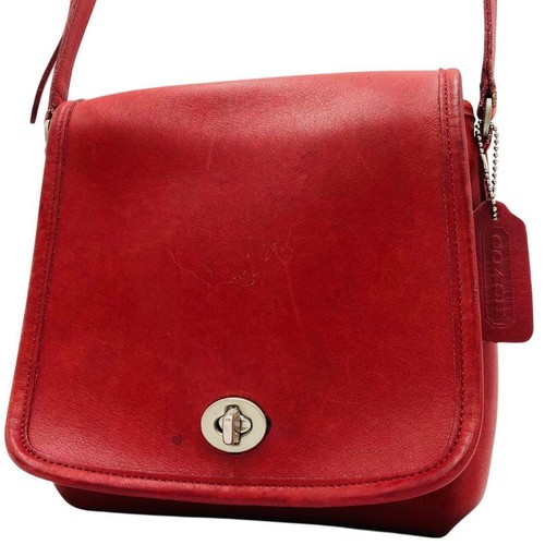 COACH 9076 Vintage Leather Shoulder Bag Red Turn Lock Charm Logo From ...