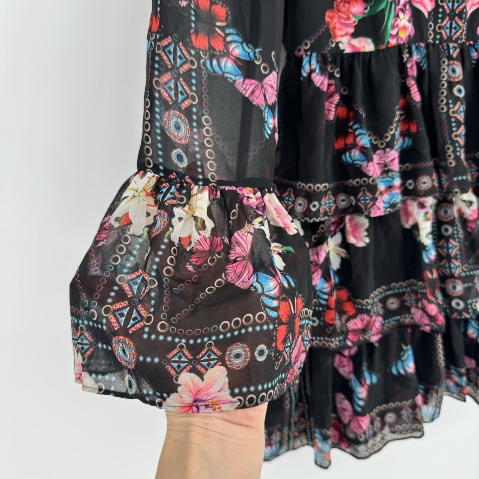 Bebe Bell Sleeve Dress Women’s Small Black Pink Floral Chiffon Clara ...