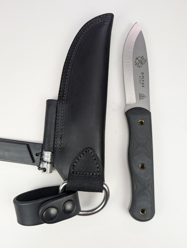 Tops Knives D FLY 4.5 Bushcraft Knife - Black + Leather Sheath - Made ...