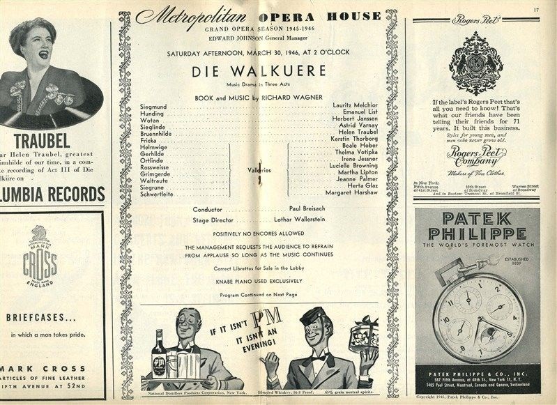 DIE WALKUERE Metropolitan Opera Program 1946 Helen Traubel Lauritz ...