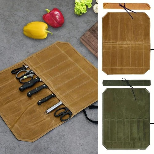 Knife Roll Case Knives Holder Waxed Canvas Cutlery Protector Utensils ...