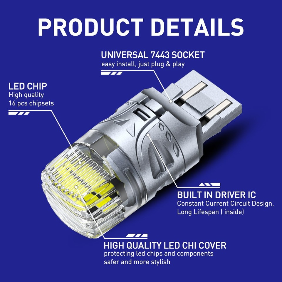 7440 LED 7743 Brake 2PCS Turn DRL Signal Reserve Stop Bulbs Light White ...