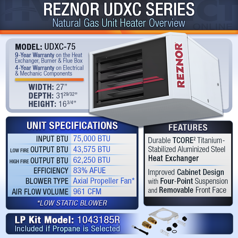 Reznor UDXC 75,000 BTU Low Static LP Propane / Natural Gas Unit Heater ...