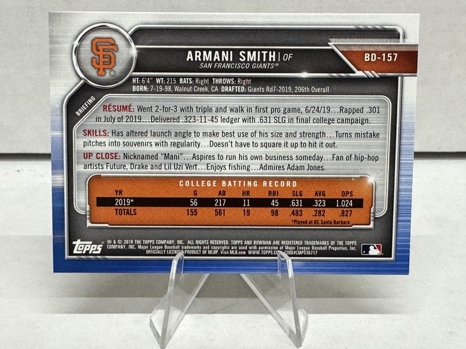 2019 Bowman Draft 1st Card #BD-157 Armani Smith San Francisco Giants | eBay
